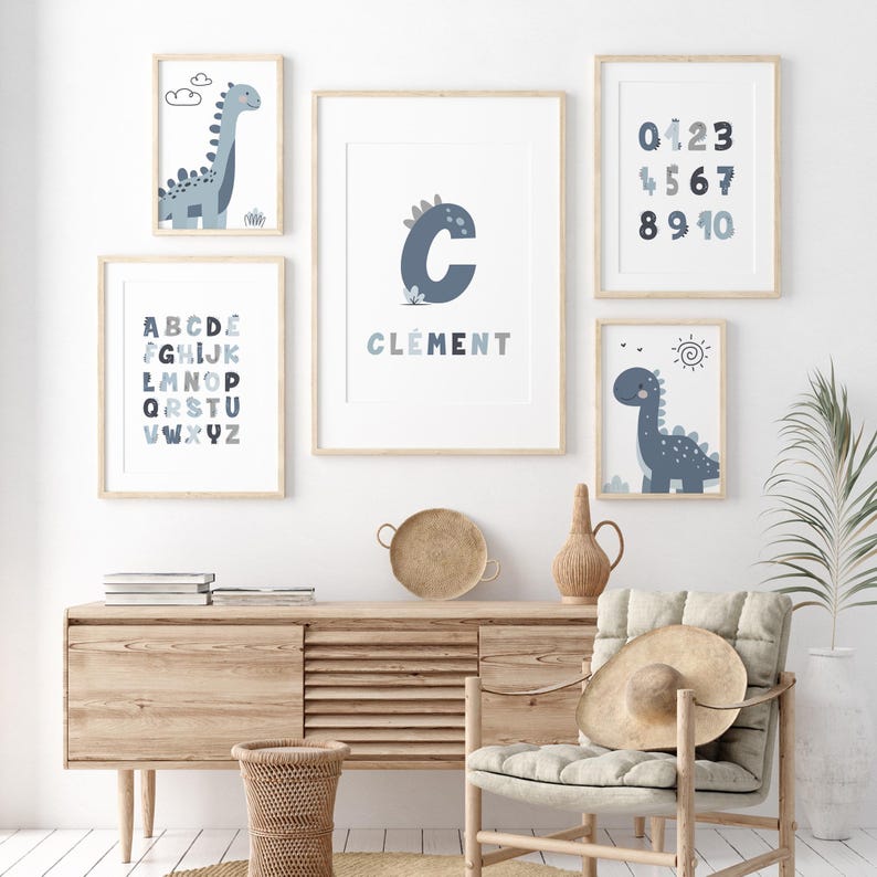 Blue Dinosaur Posters for Kids - 3 Personalized Posters With Initials ...