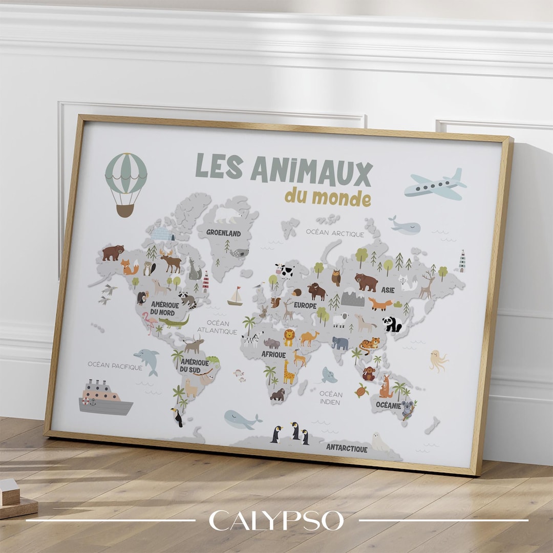 World Map Poster for Children, Animals of the World in Scandinavian ...