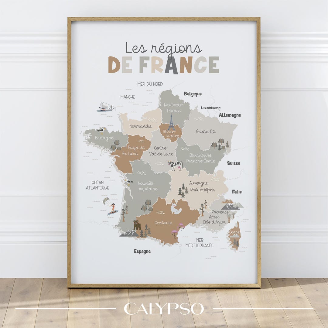 Map of the Regions of France for Children, Neutral Tones Decor, French ...