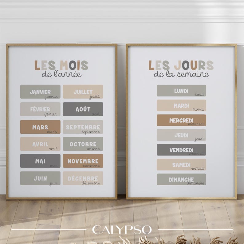 Affiche mois et jours en français, affiche murale grand format déco ...