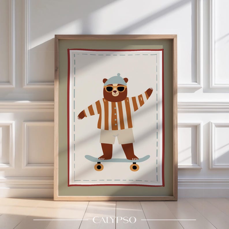 Speelse posters met een skatebeer in kaki en meerkleurig, een vrolijk ...