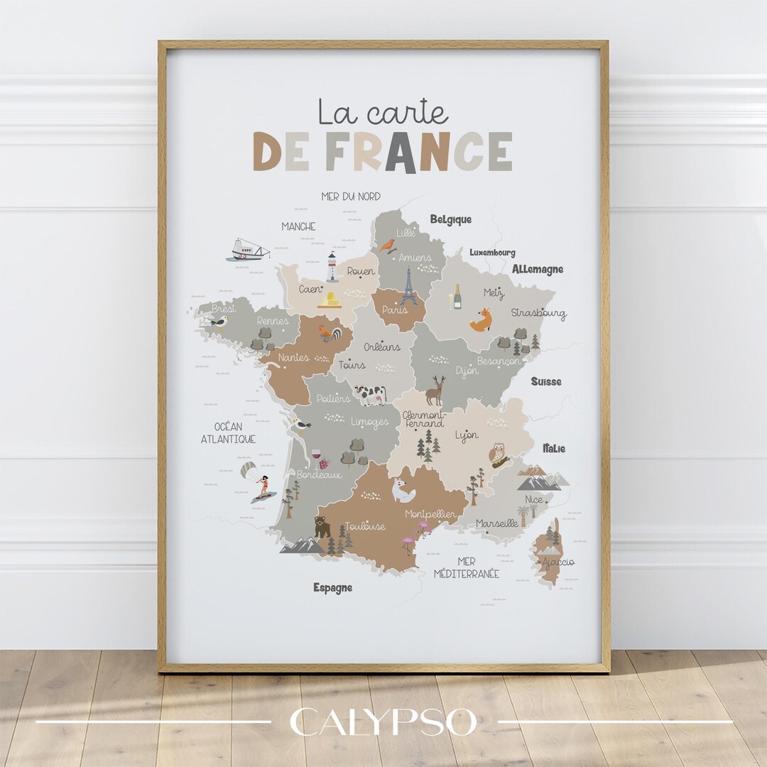 Map of France for Children, Main Cities, Khaki, Beige and Camel Shades ...