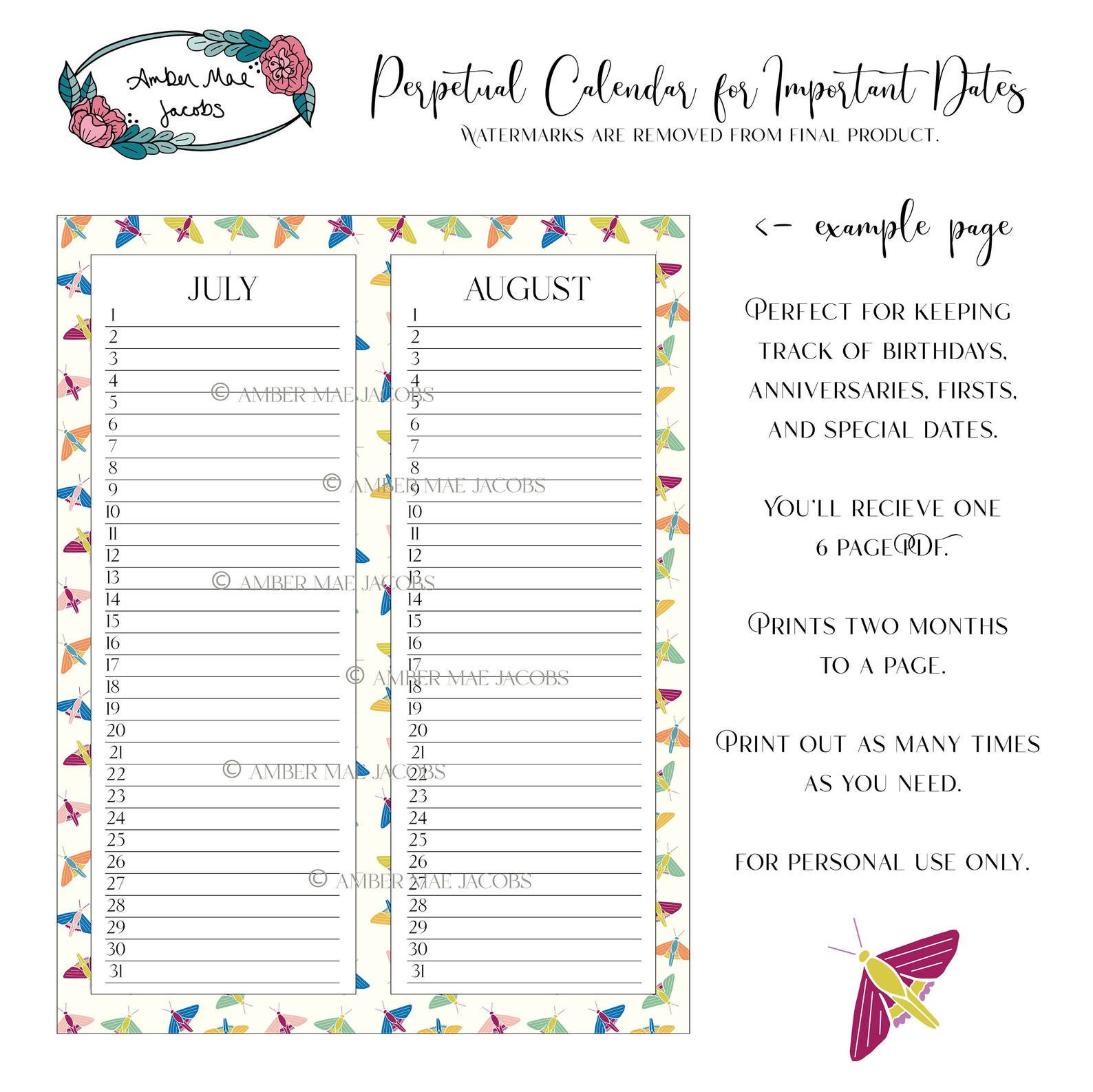 Printable Perpetual Calendar, Digital Download, Important Dates ...