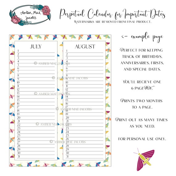 Printable Perpetual Calendar Digital Download Important | Etsy