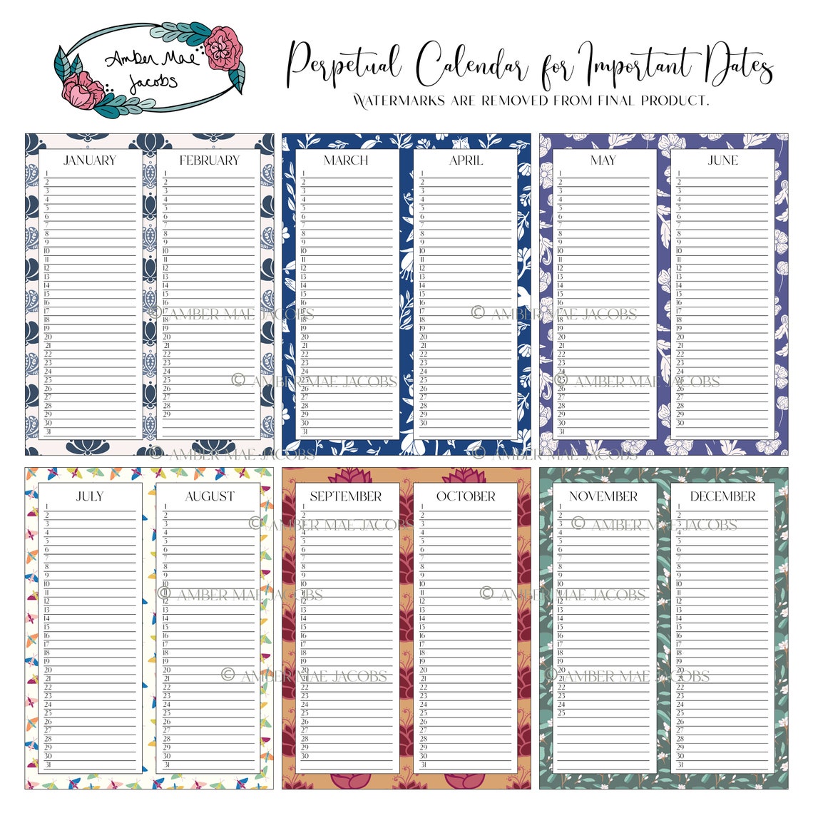 Printable Perpetual Calendar, Digital Download, Important Dates ...