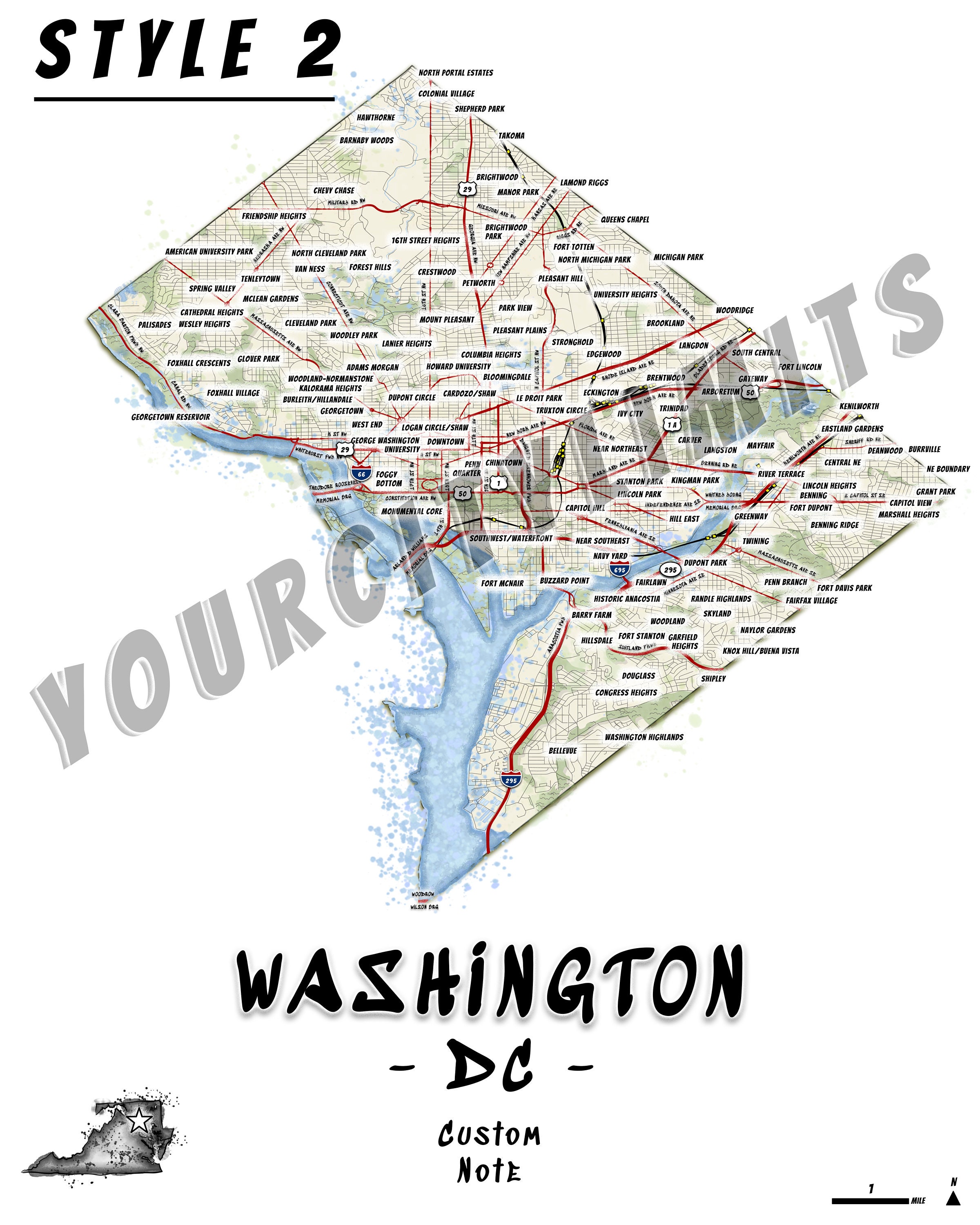 Washington D.C. Map, Custom Map, Personalized Map, Gift Map, City ...