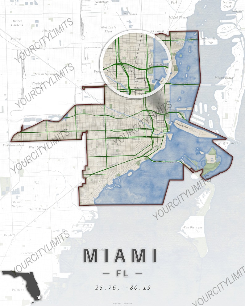 Miami Florida Map, Custom Map, Personalized Map, Gift Map, City ...