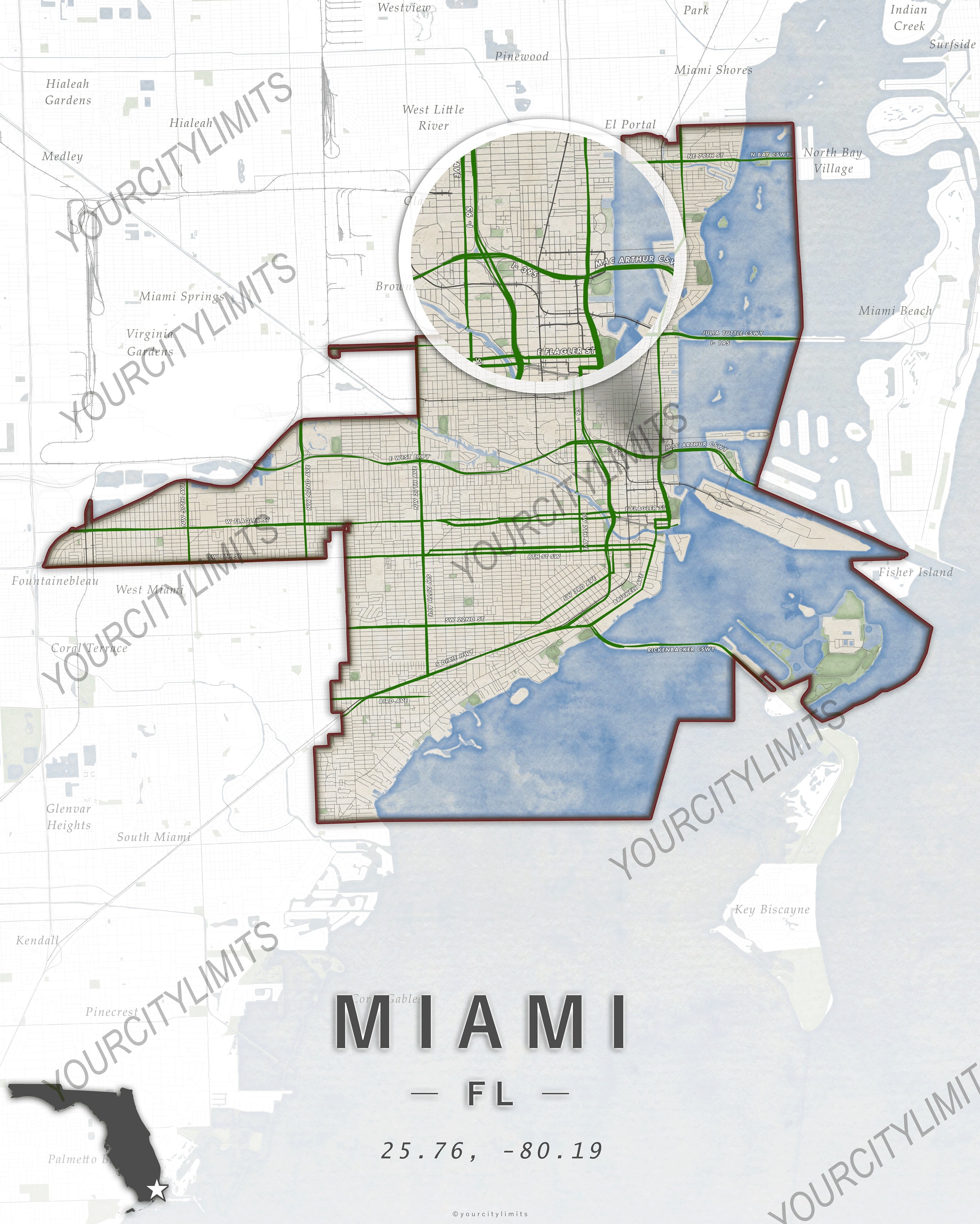 Miami Florida Map, Custom Map, Personalized Map, Gift Map, City ...