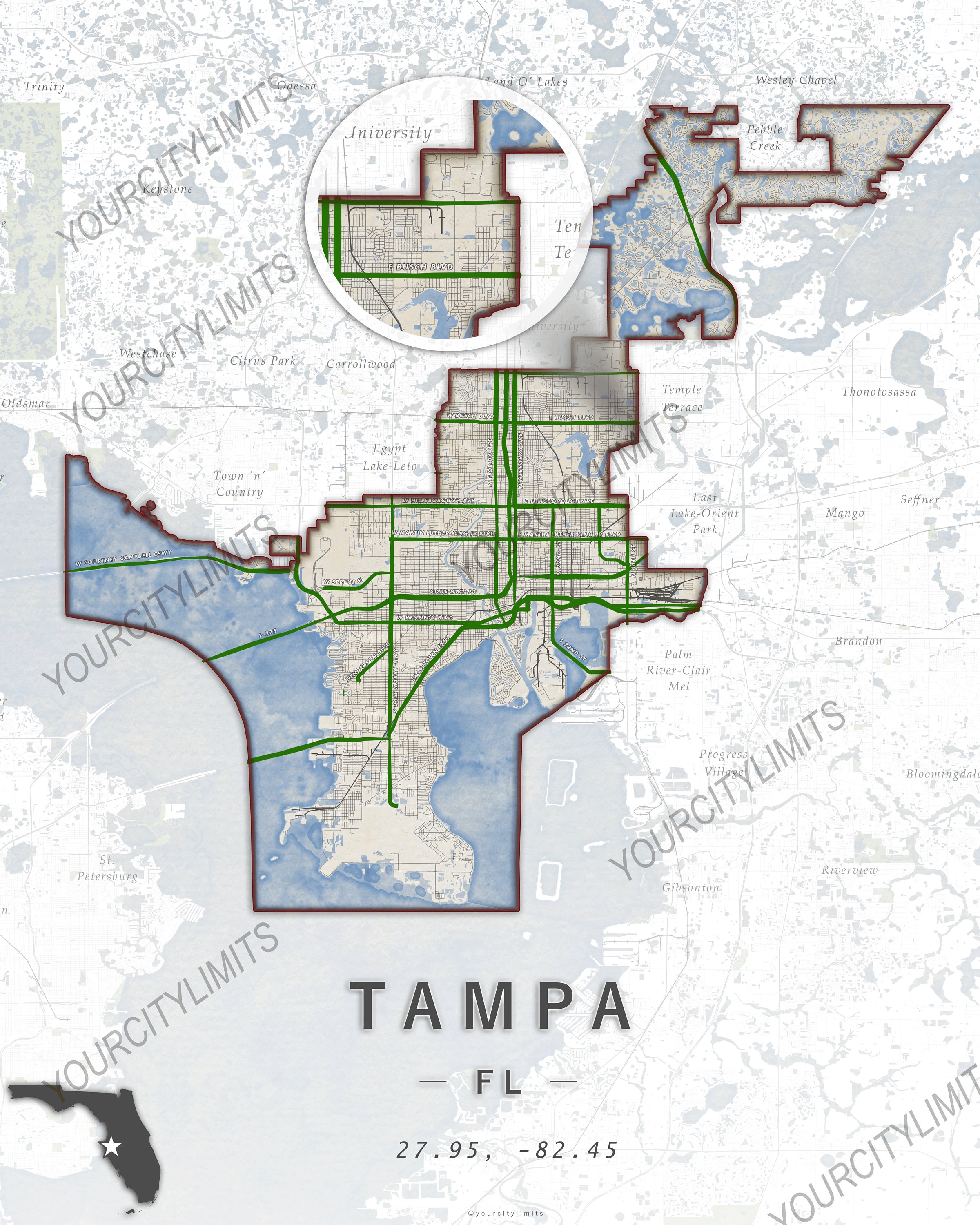 Tampa Florida Map, Custom Map, Personalized Map, Gift Map, City Boundary Map, City Print ...
