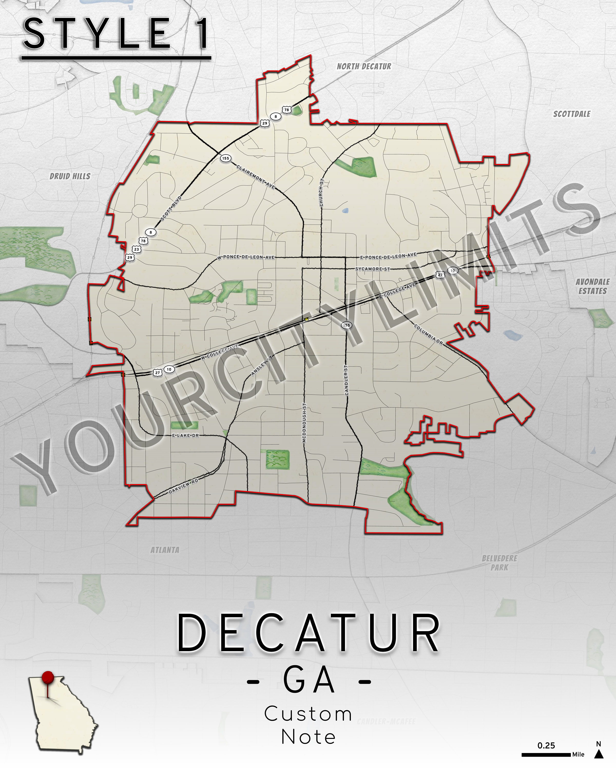 Decatur Georgia Map, Custom Map, Personalized Map, Gift Map, City ...