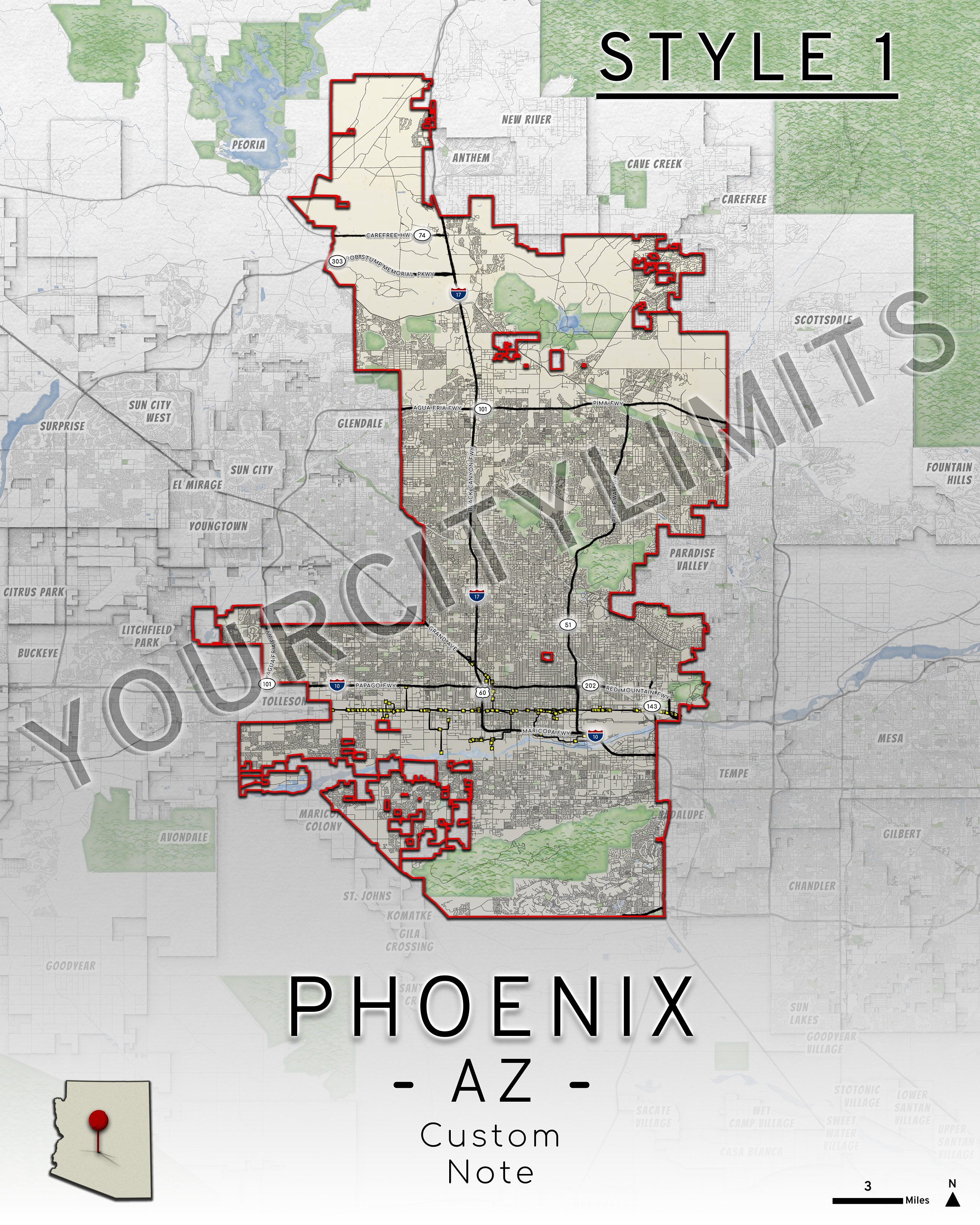 Phoenix Arizona Map, Custom Map, Personalized Map, Gift Map, City ...