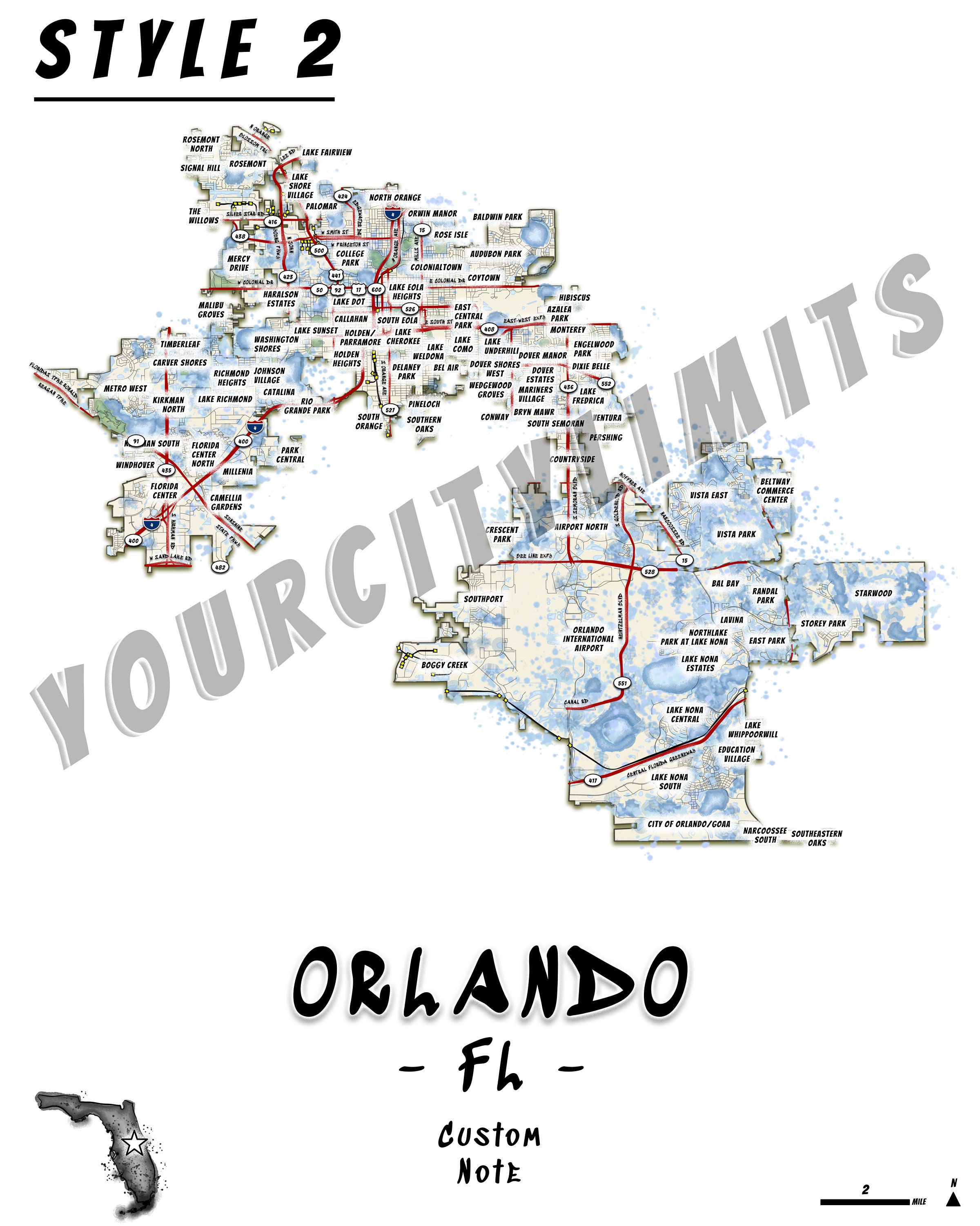 Orlando Florida Map, Custom Map, Personalized Map, Gift Map, City ...