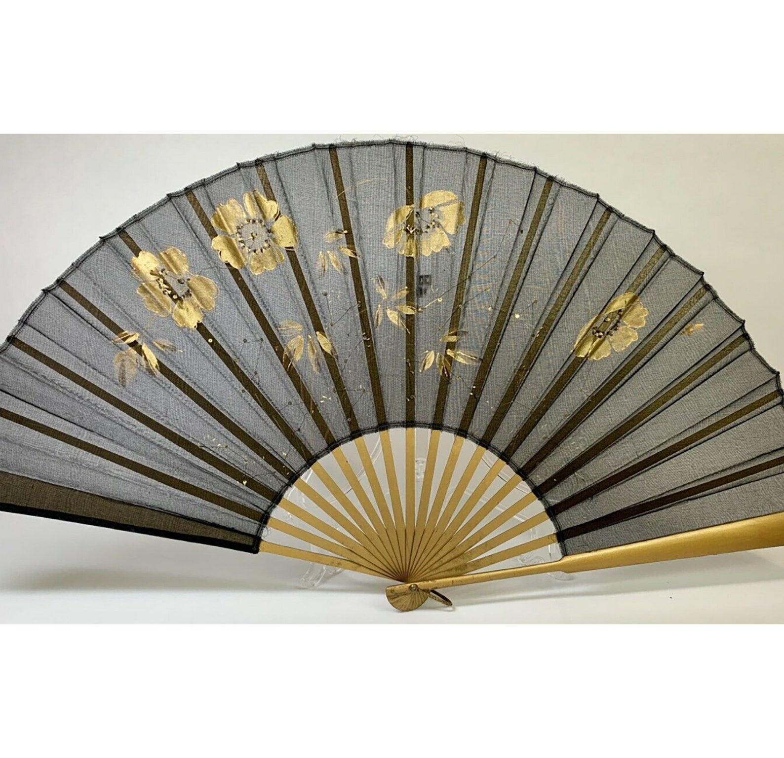 Hand Fan Gold Painted on Black Gauze Handmade - Etsy