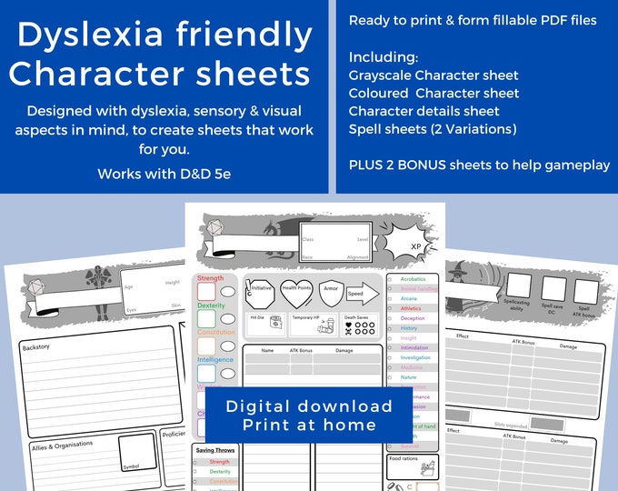 D&D Dyslexia Character Sheets Form Fillable Printable PDF - Etsy UK