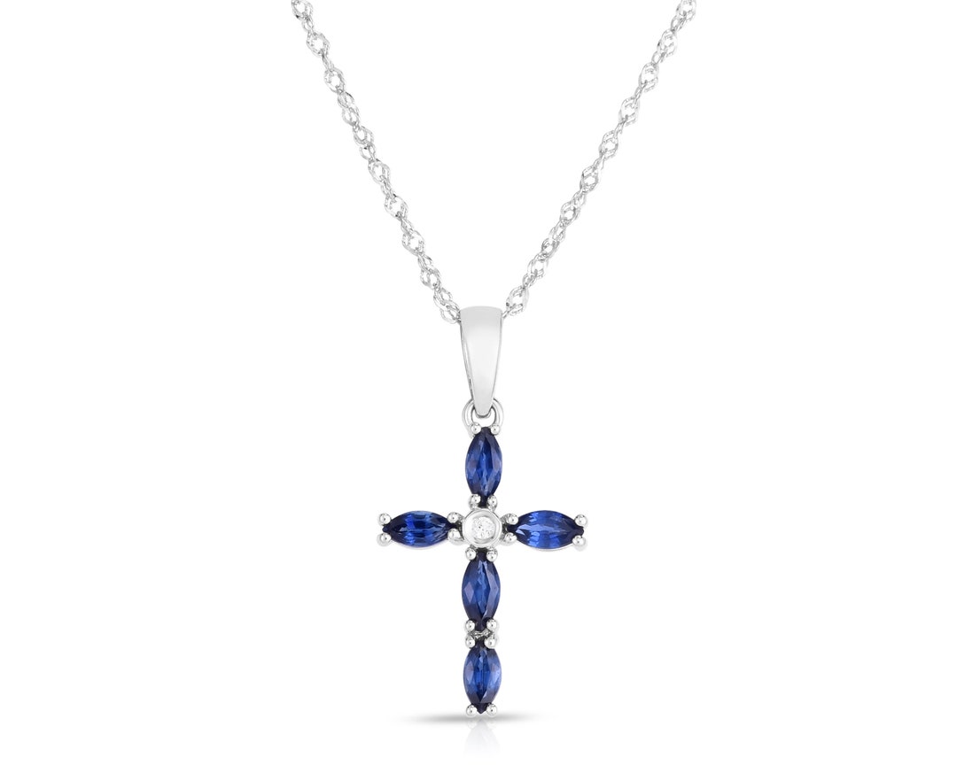 14K White Gold Genuine Sapphire Cross Pendant Necklace With Diamond - Etsy