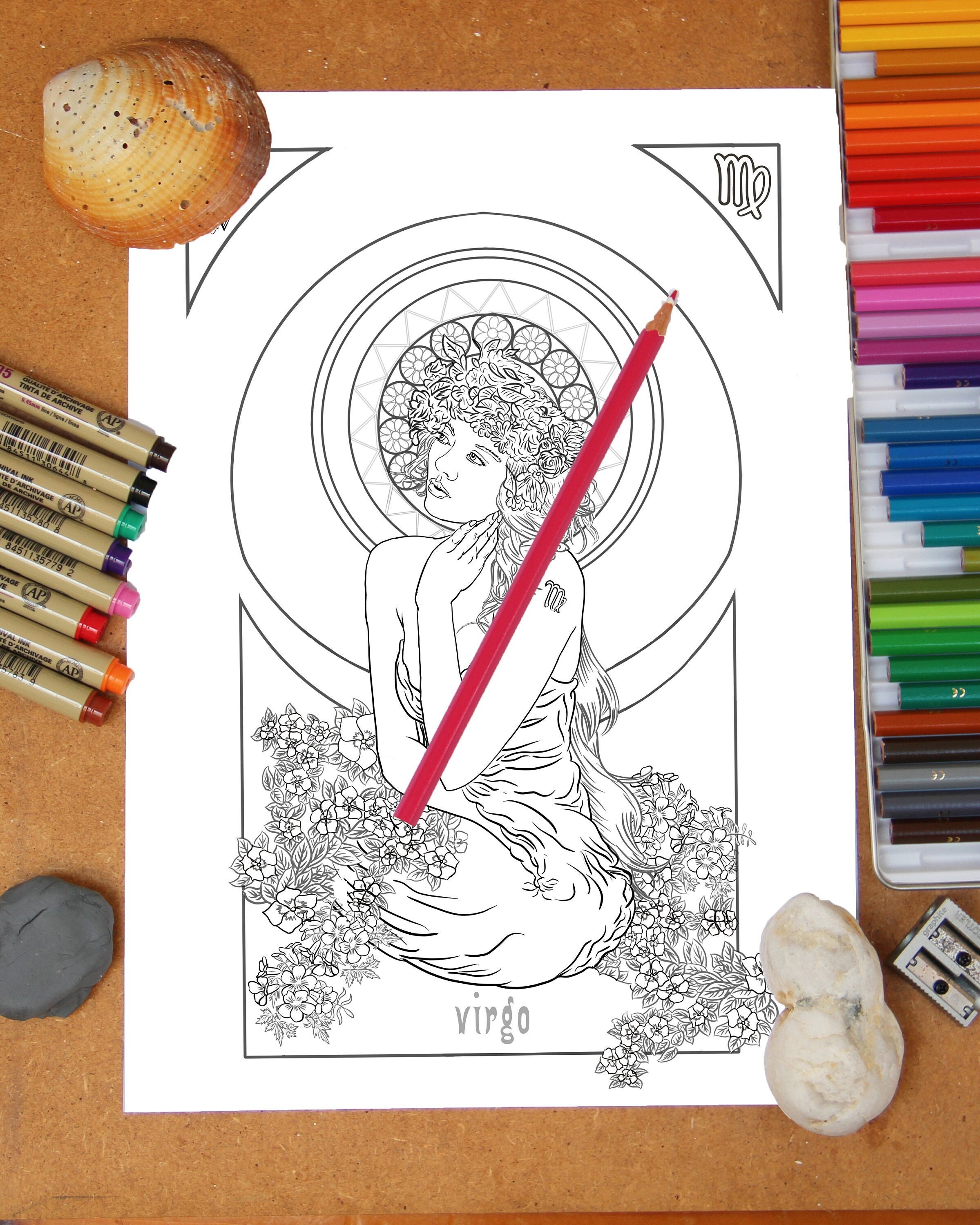 VIRGO GIRL Sign Lineart Art Nouveau Printable Colouring Page Poster A4 ...