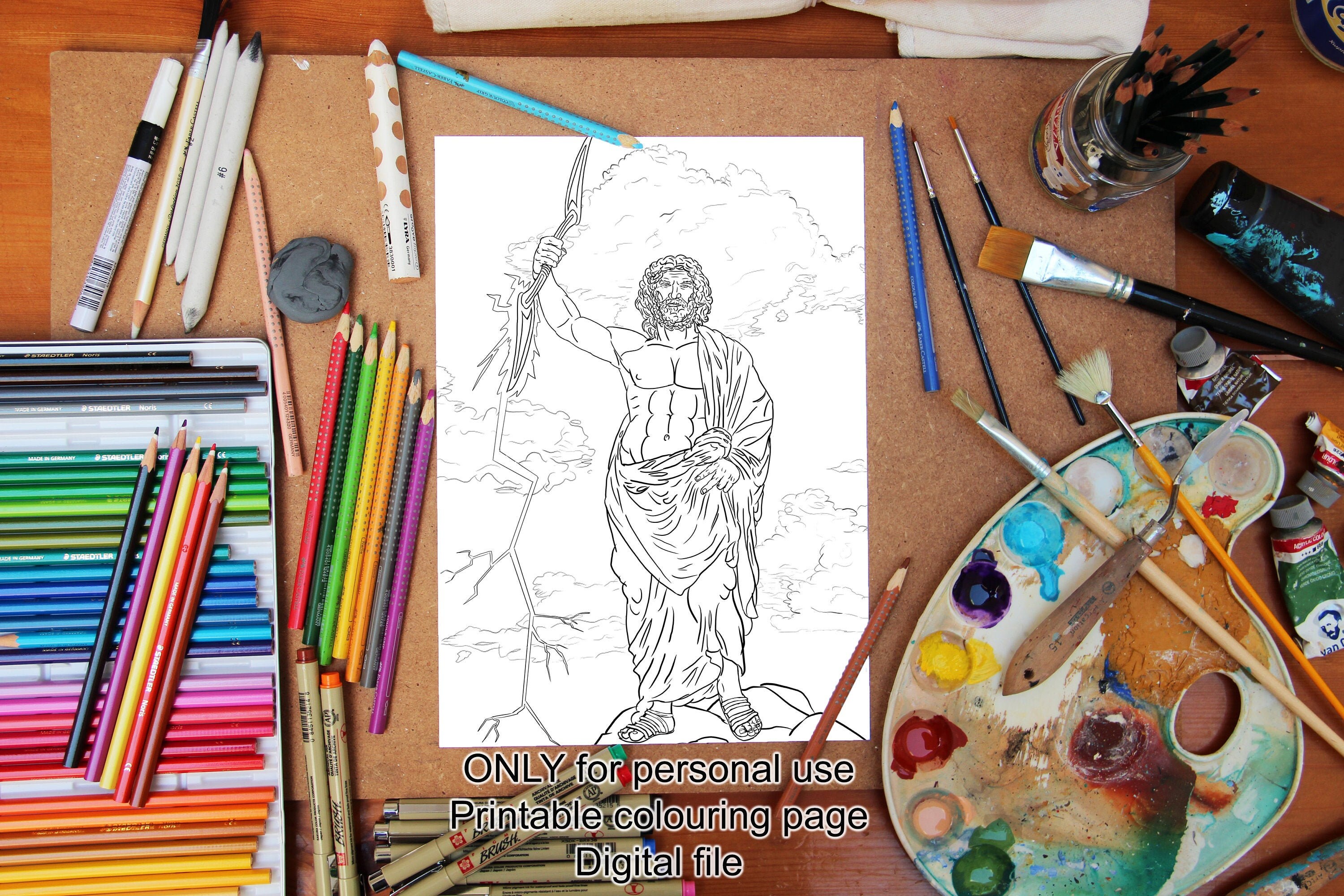 ZEUS COLORING PAGE Printable Colouring Adults Children Lineart Stress ...