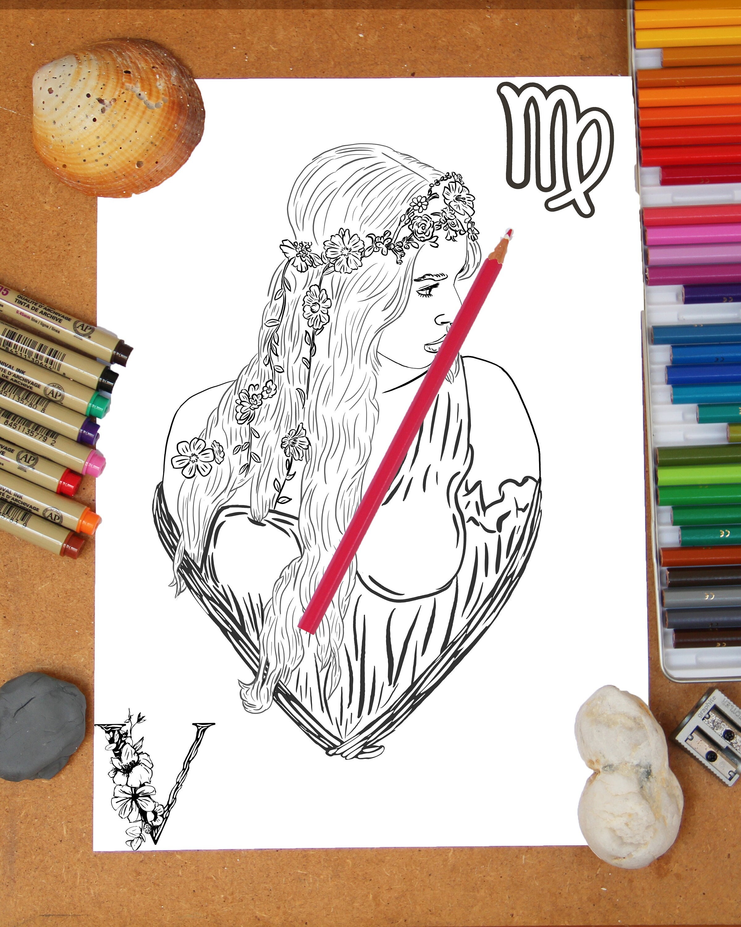 VIRGO BUST Sign Lineart Art Nouveau Printable Colouring Page Poster A4 ...