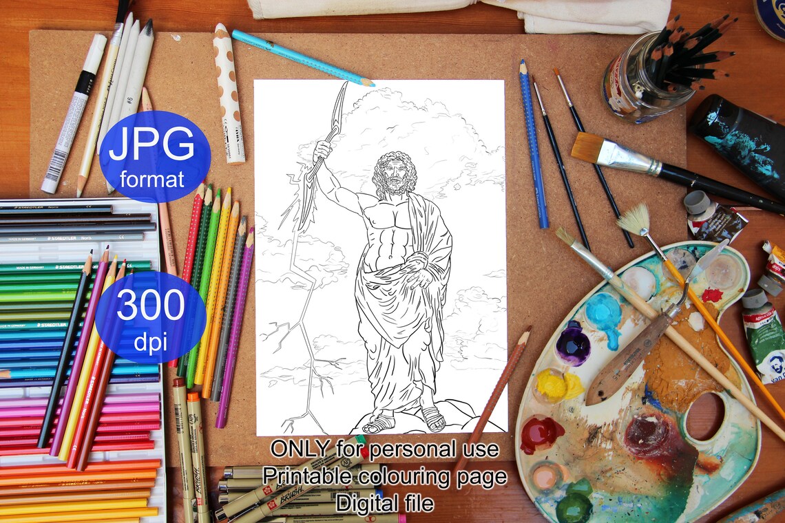 ZEUS COLORING PAGE Printable Colouring Adults Children Lineart Stress ...