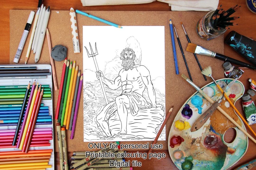 POSEIDON COLORING PAGE Printable Colouring Adults Children Lineart ...