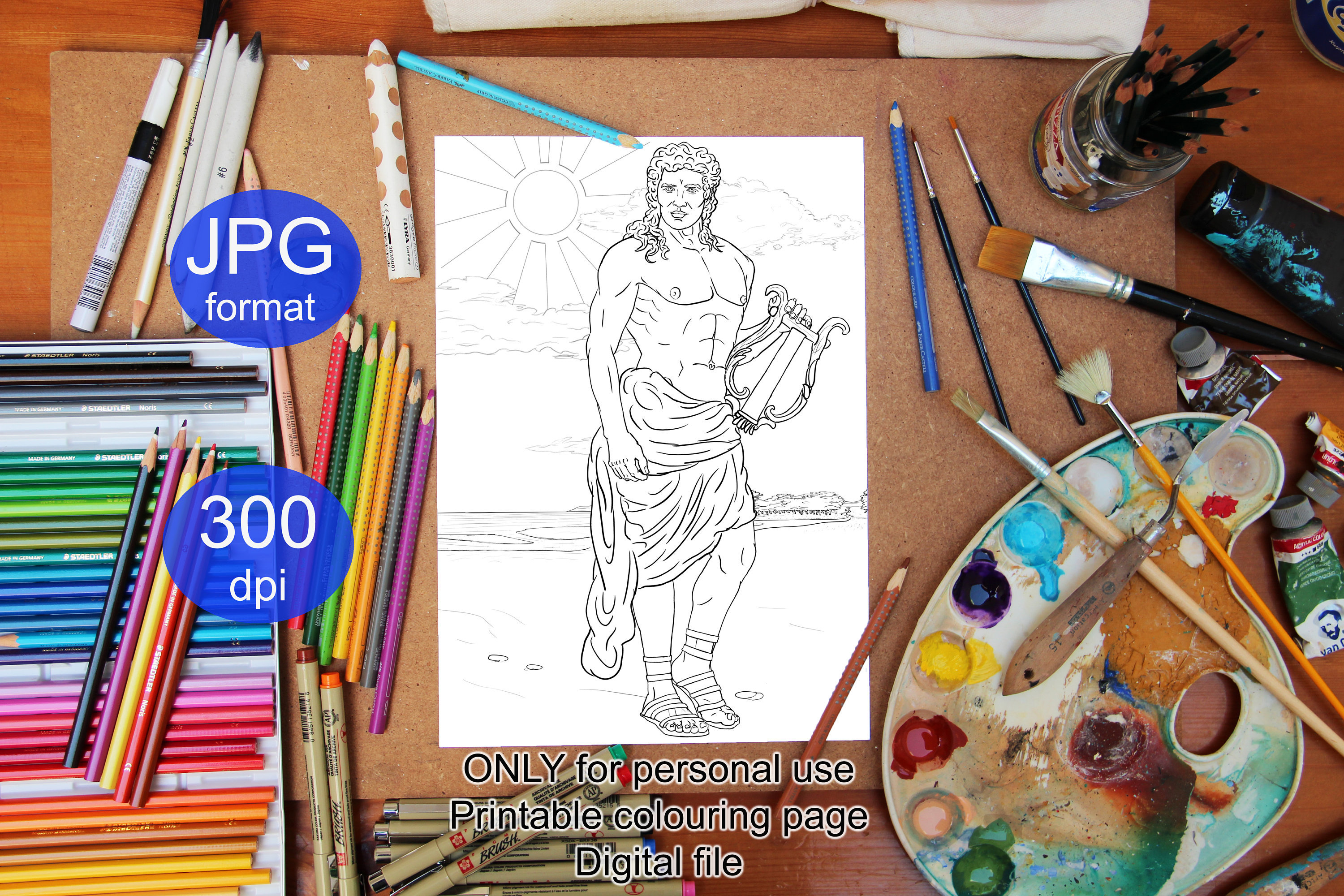 APOLLO COLORING PAGE Printable Colouring Adults Children Lineart Stress ...