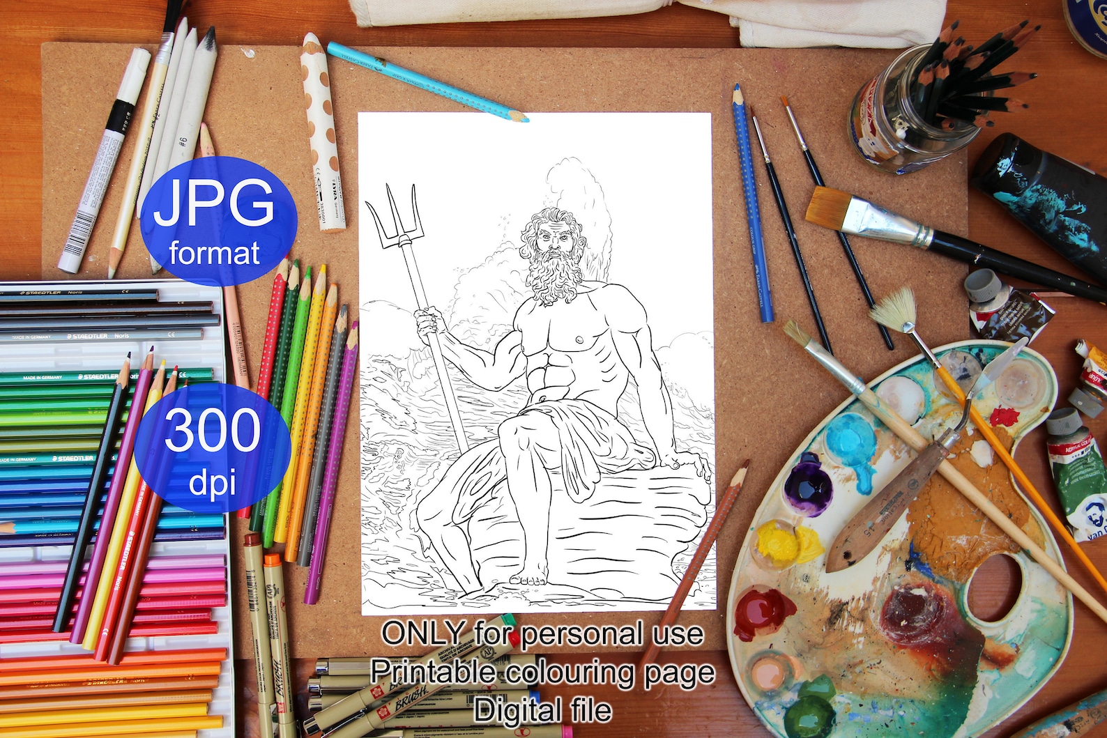 POSEIDON COLORING PAGE Printable Colouring Adults Children Lineart ...