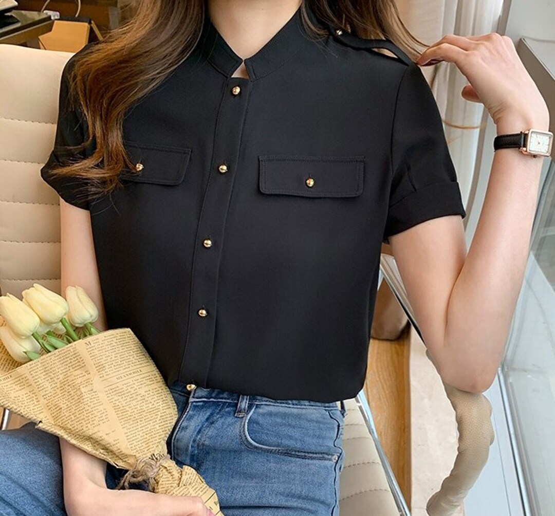 FRONT Pocket Spring Short Sleeves Blouse Women Stand Collared - Etsy