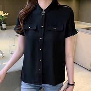 FRONT Pocket Spring Short Sleeves Blouse Women Stand Collared - Etsy
