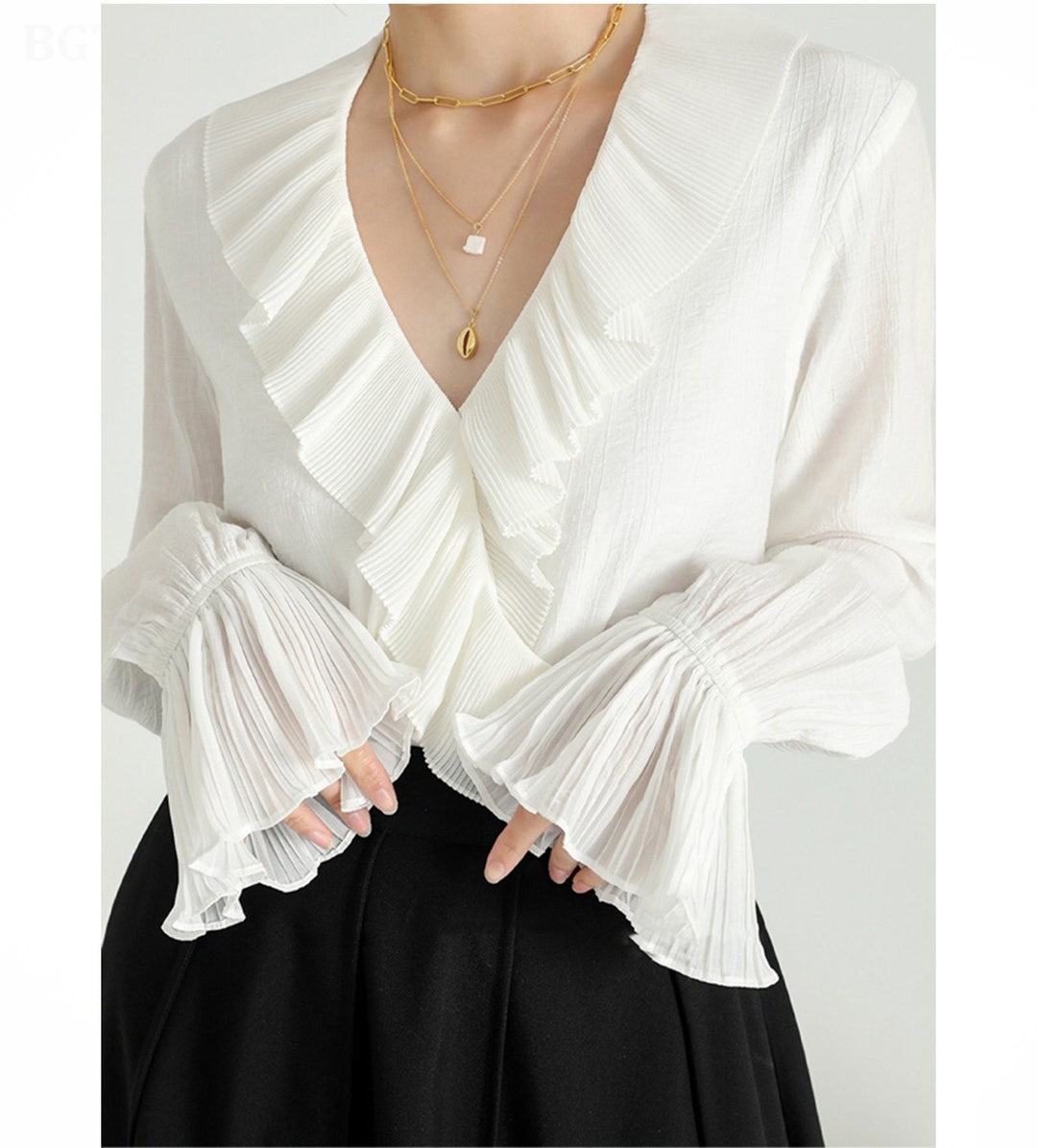 PLEATS Blouse Flared Long Sleeves Elegant Deep V-neck Ruffles - Etsy