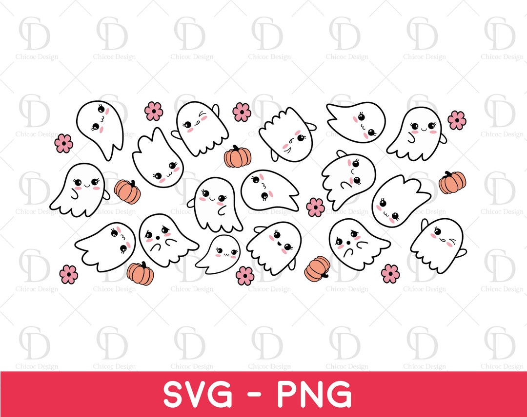 Cute Ghosts Retro Can Glass Wrap Svg ,kawaii Ghosts Faces for 16oz ...