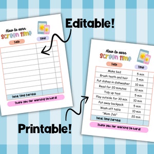 Screen Time Chart for Kids, Instant Download, Editable Screen Time ...