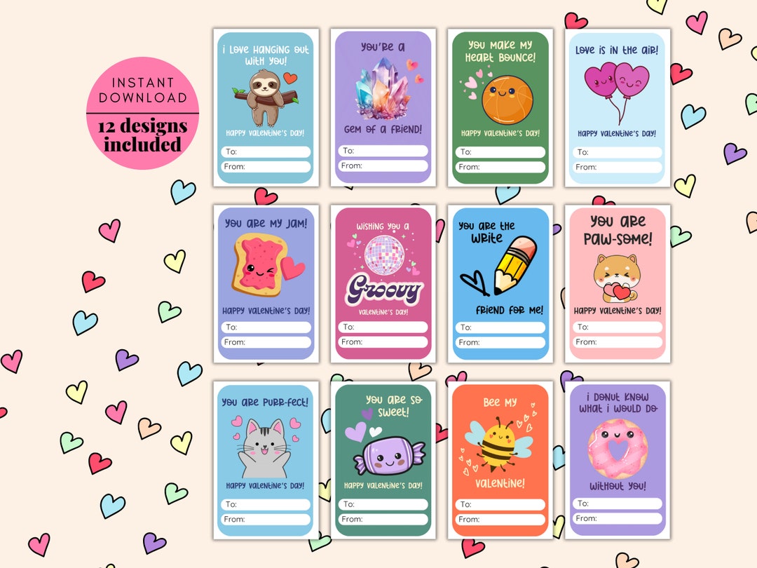 Printable Valentine Cards for Kids-instant DOWNLOAD, 12 Valentine's Day ...