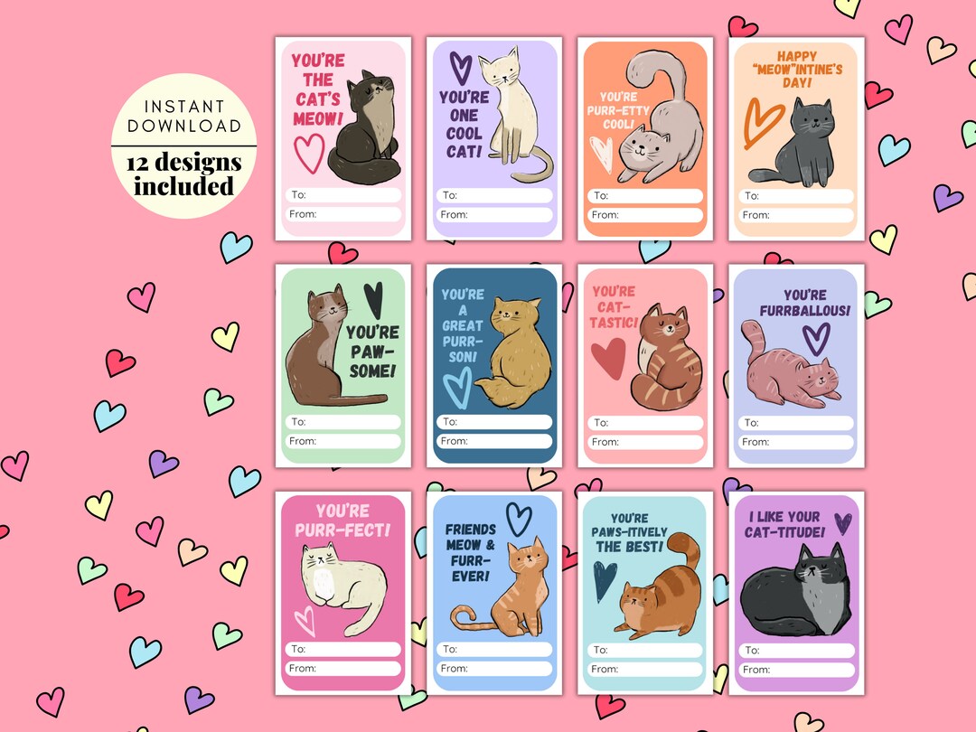 Cat Themed Printable Valentine Cards for Kids-instant DOWNLOAD, 12 ...
