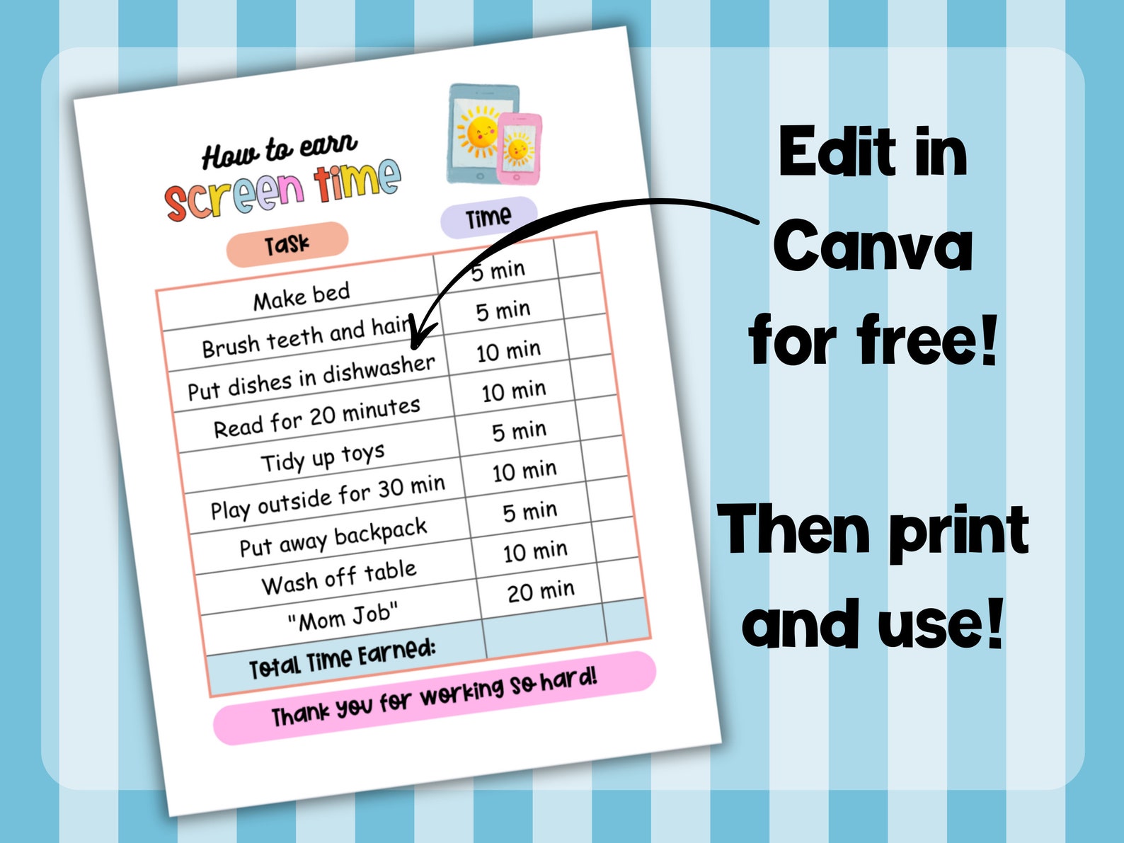 Screen Time Chart for Kids, Instant Download, Editable Screen Time ...