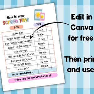 Screen Time Chart for Kids, Instant Download, Editable Screen Time ...