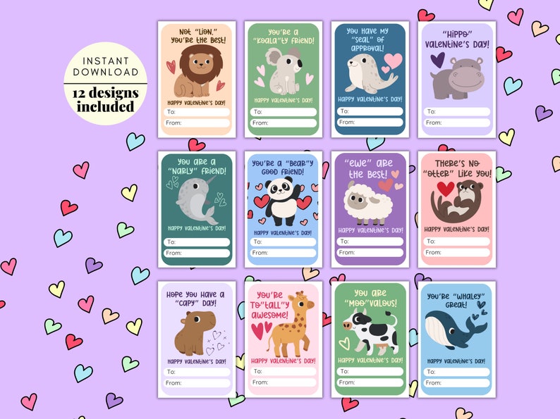 Cute Printable Valentine Cards for Kids-instant DOWNLOAD, 12 Valentine ...