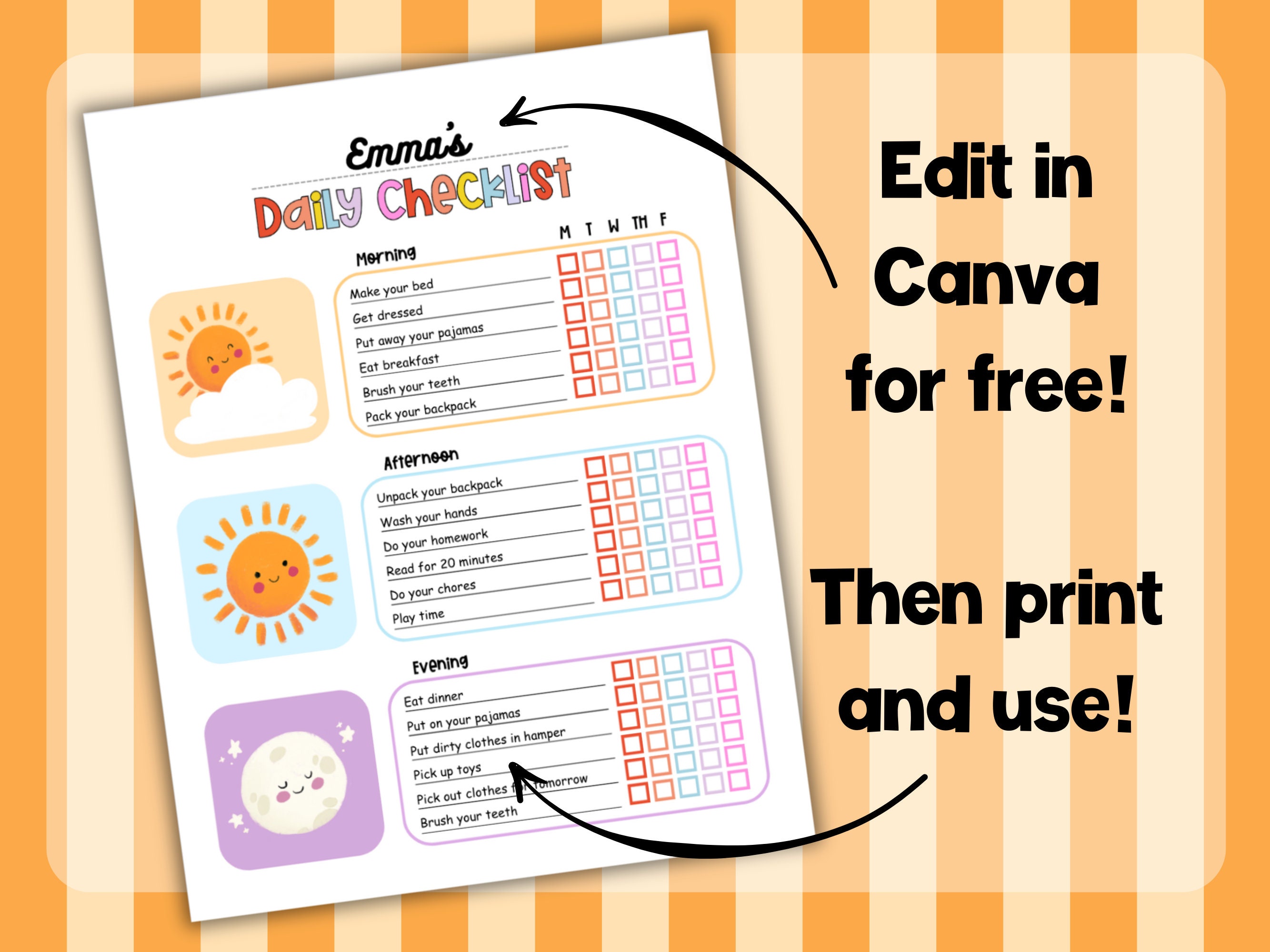 Daily Checklist for Kids, Instant Download, Editable Checklist, Daily ...