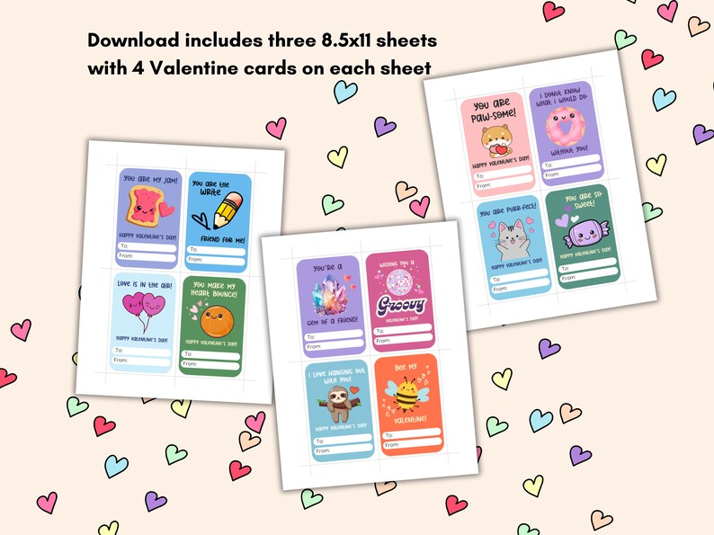 Printable Valentine Cards for Kids-instant DOWNLOAD, 12 Valentine's Day ...