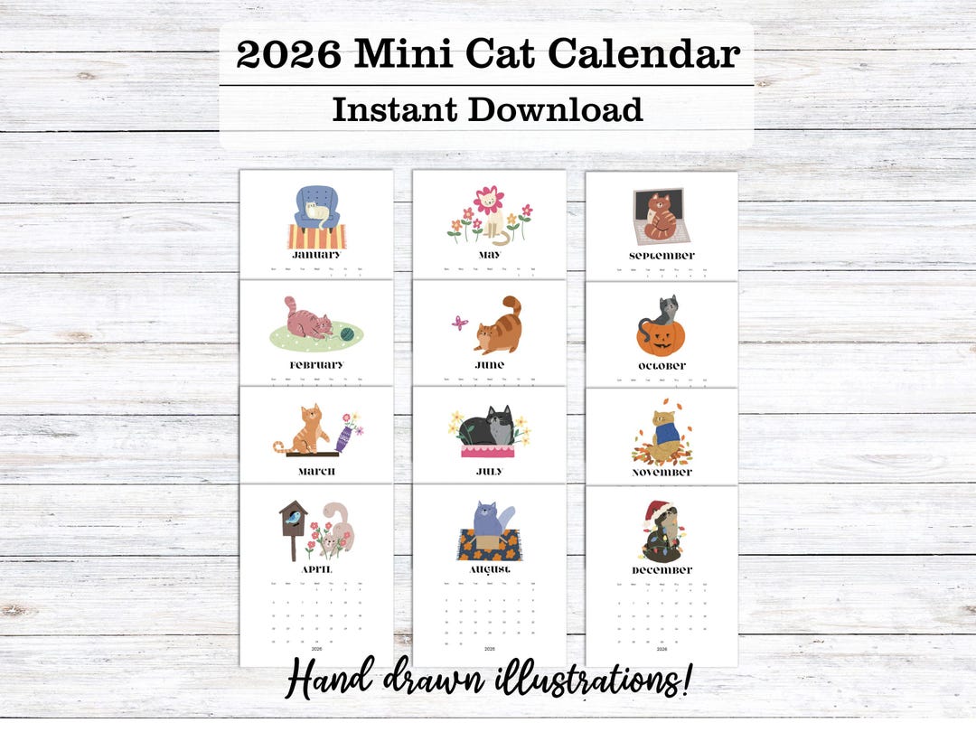 Mini Cat 2026 Calendar (instant Download) - Etsy