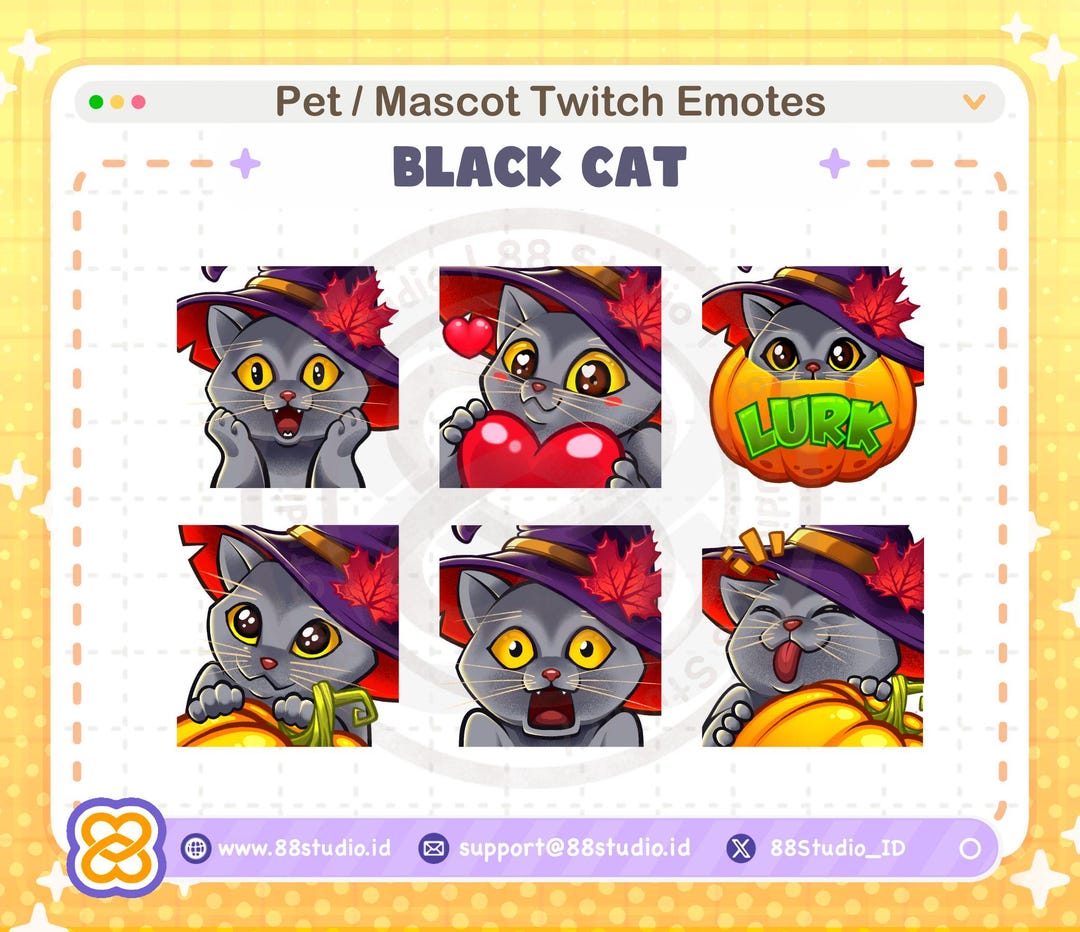 Black Witch Cat Twitch Emotes, Cute Chibi Mascot Pet Animal Twitch ...