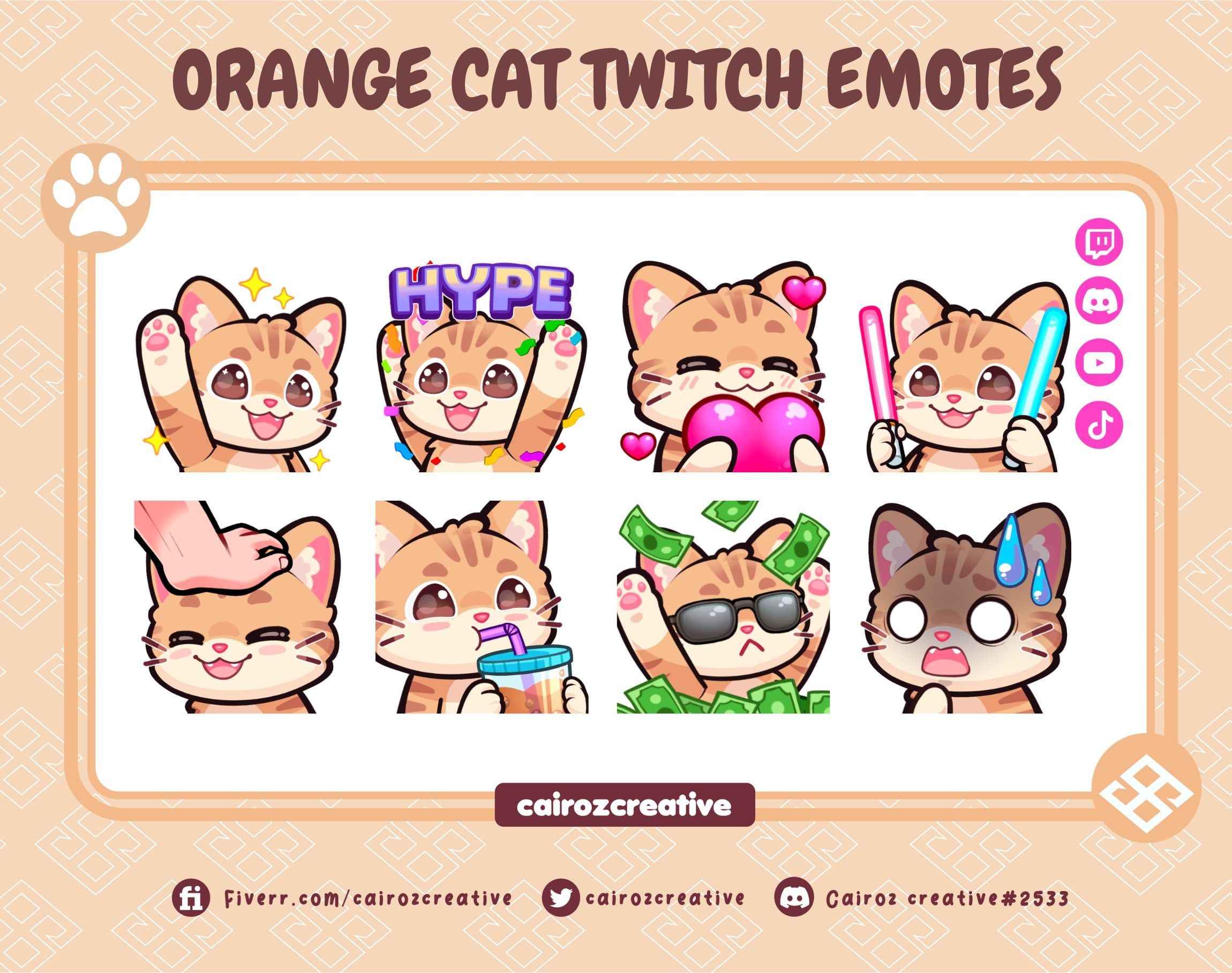 8x Orange Cat Twitch Emotes, Cute Chibi Pet Animal Twitch Emotes, Neko ...