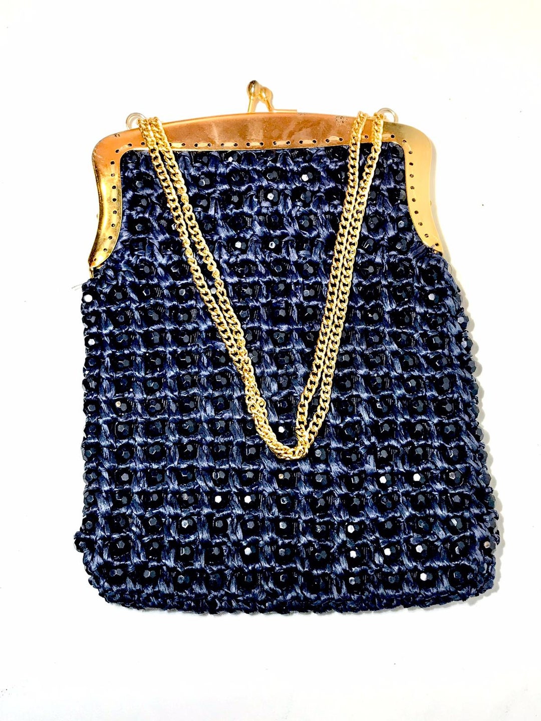 Magid Hand Made in Italy Navy Blue Raffetta and Beads Vintage Purse ...