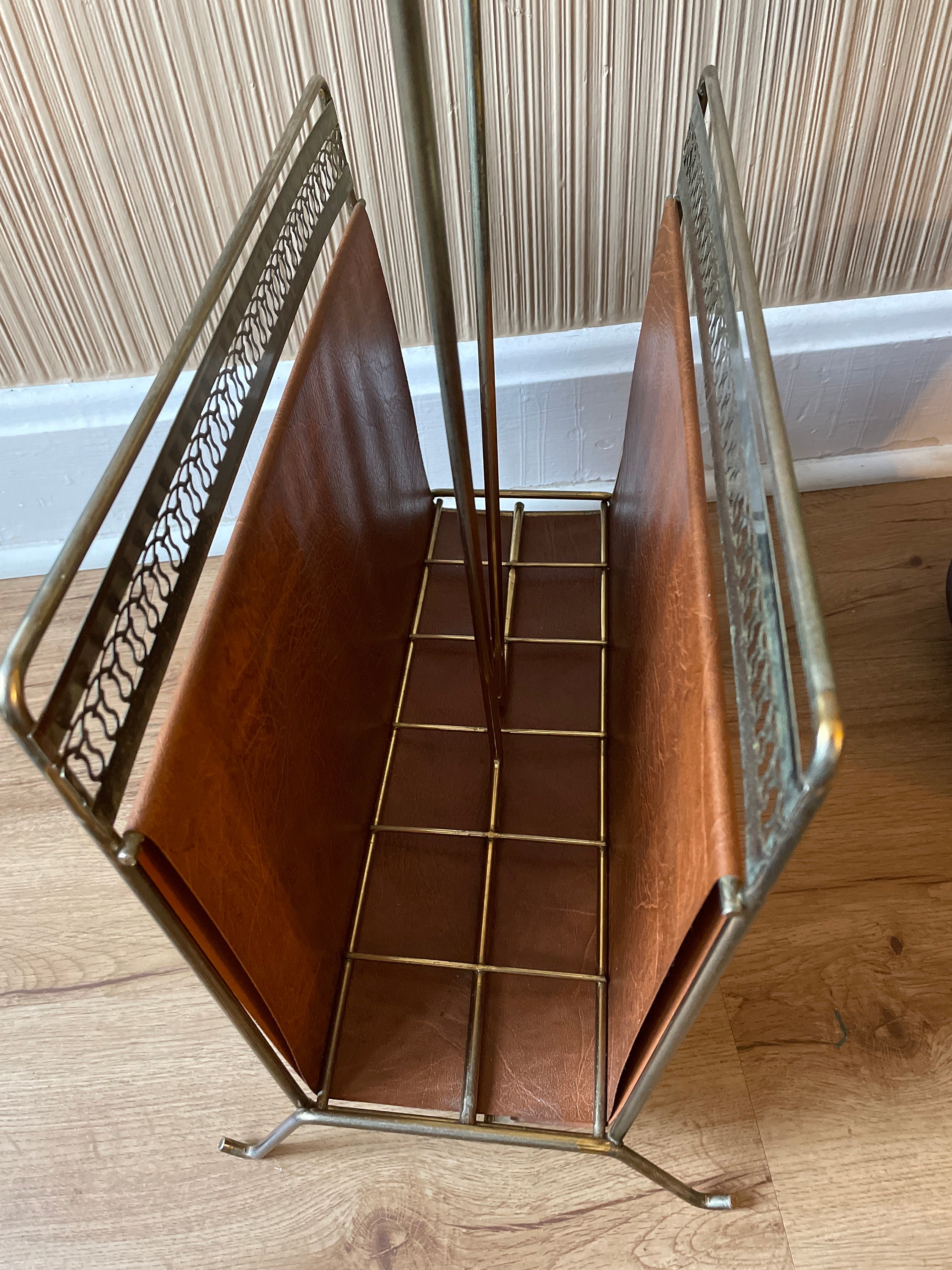 Mid Century MCM Wood Metal and Brown Faux Leather Magazine Newspaper ...
