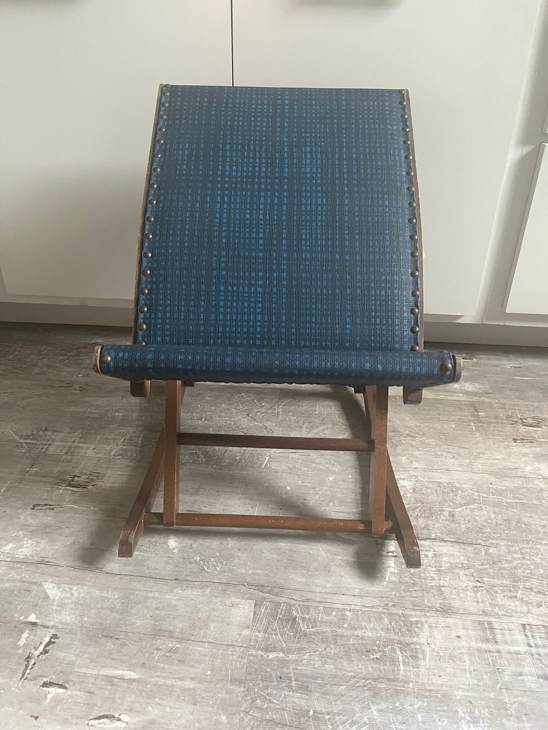 Vintage German Rocking Footrest Stool, Blue Plaid Pleather, Folding ...