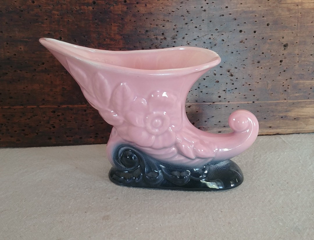 Vintage Ceramic Cornucopia Vase. Pink and Black. Open Rose Flowers ...