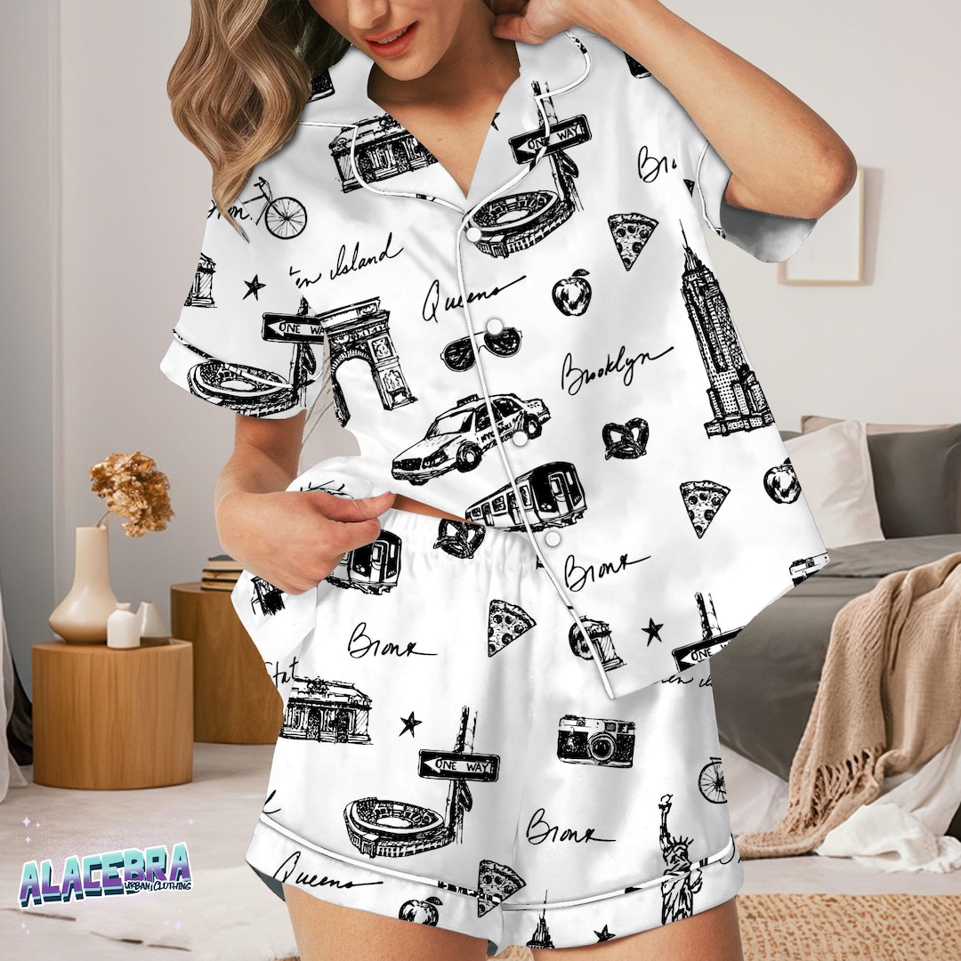 New York City Sketch Pajamas Set for Women, Black and White NYC ...