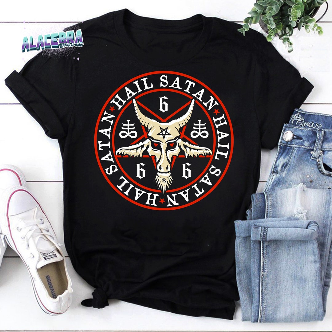 Hail Satan Baphomet in Occult Inverted Pentagram Vintage T-shirt, Hail ...