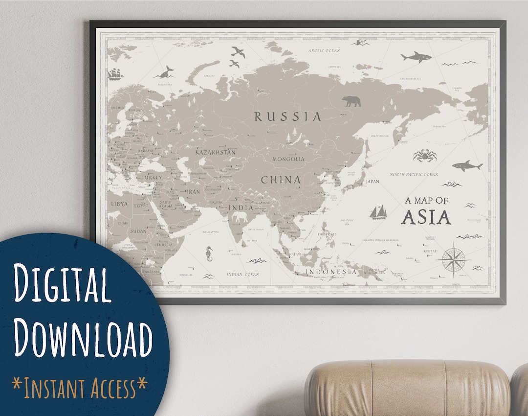 Map of Asia, Digital Download Printable World Map Instant Download Asia ...