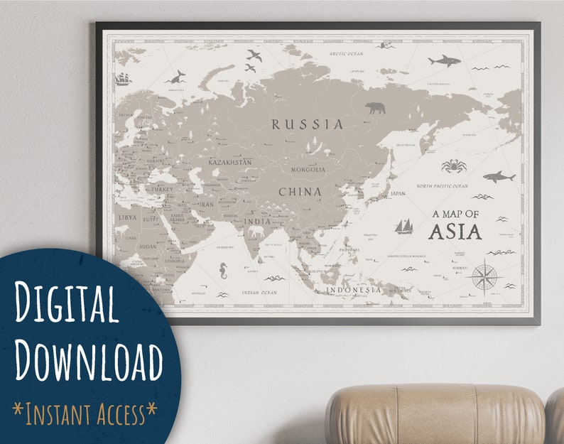 Map of Asia, Digital Download Printable World Map Instant Download Asia ...