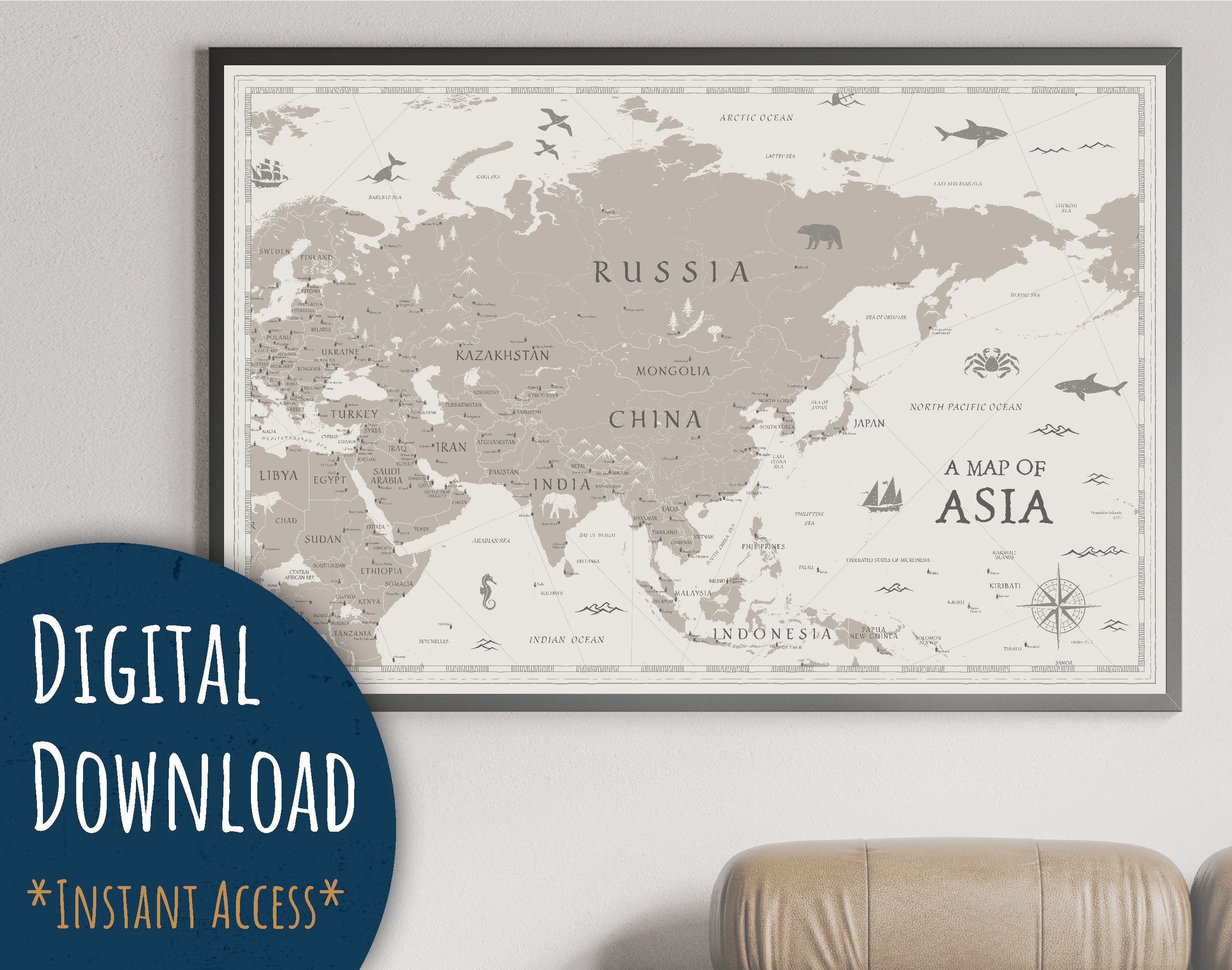Map of Asia, Digital Download Printable World Map Instant Download Asia ...